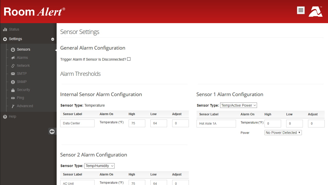 Room Alert 4ER-Server monitoring temperature, humidity, current.Room ...
