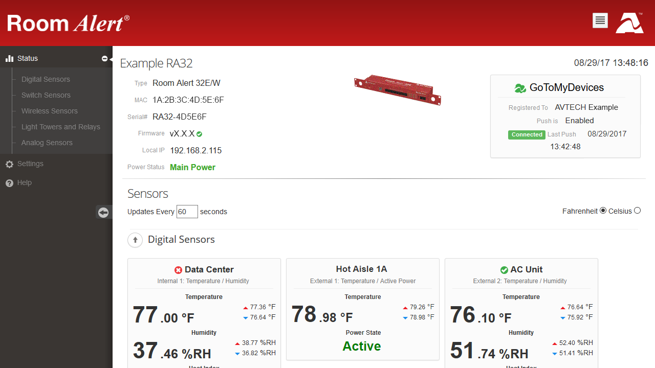 Room Alert 32S-Server monitoring temperature, humidity, current.Room ...