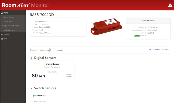 Room Alert 3S-Server monitoring temperature, humidity, current.Room ...